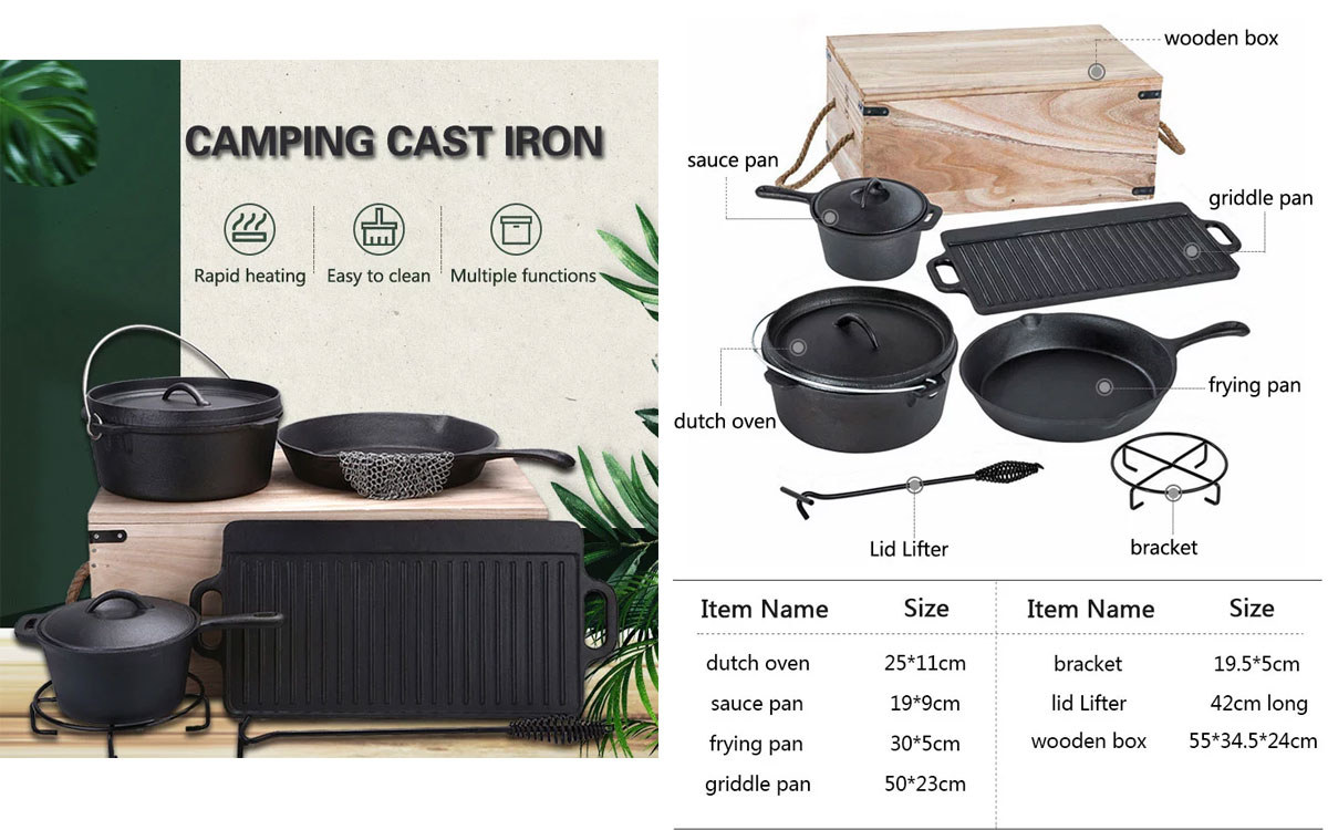 Amazon Solution Private Label 6pcs Outdoor Camping Cast Iron Cookware Set